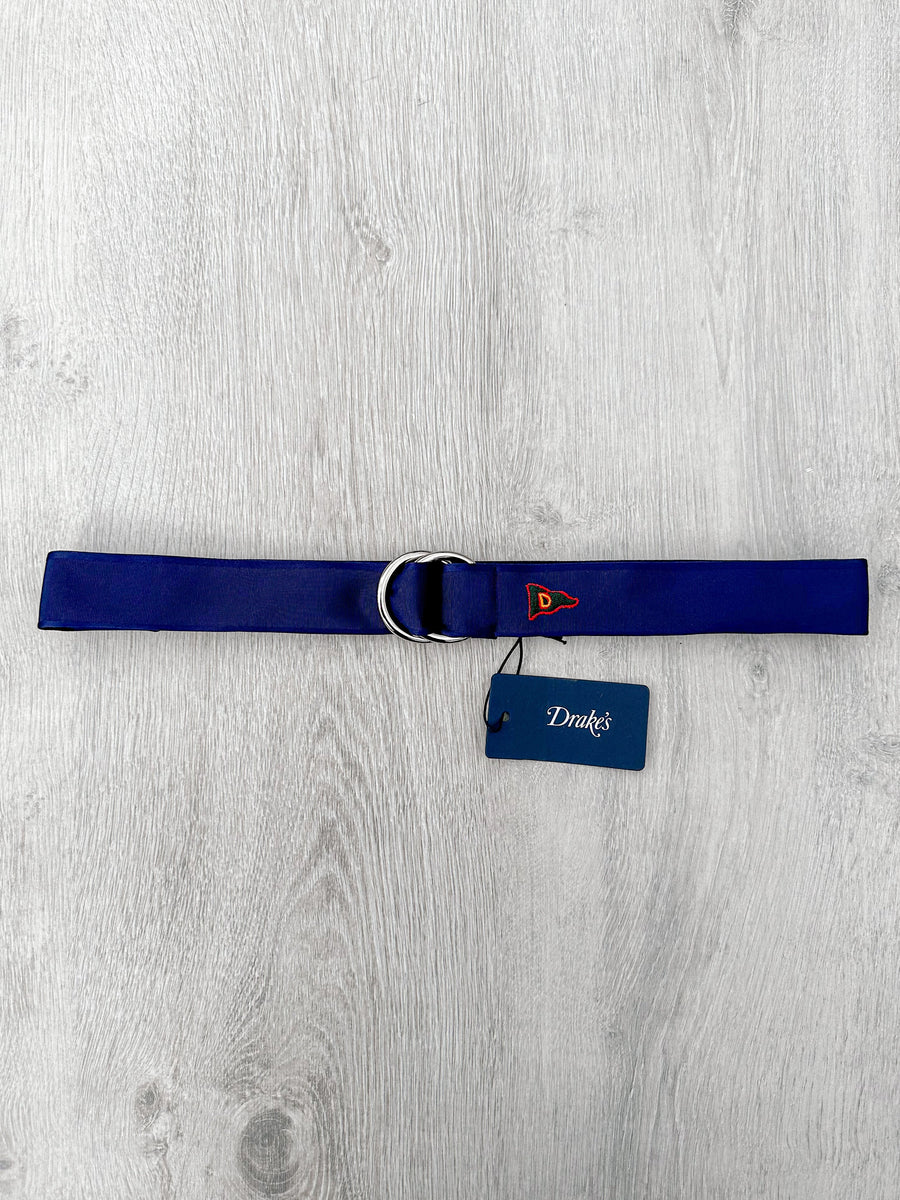 Drake's Navy Blue Belt With Embroidered Pennant Motif – House Of Huntington